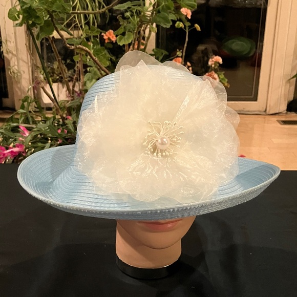 Accessories | Elegant Lt Blue Satin Ribbon Hat With Off White Floral ...